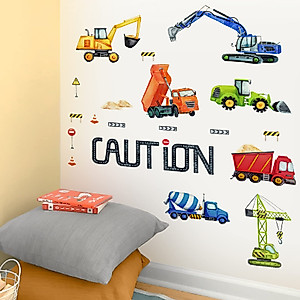 Mfault Baby Boys Construction Caution Vehicle Wall Decals Stickers, Large Trucks Tractor Excavator City Nursery Playroom Decorations Kids Room Art, Classroom Bedroom Home Decor Birthday Gift