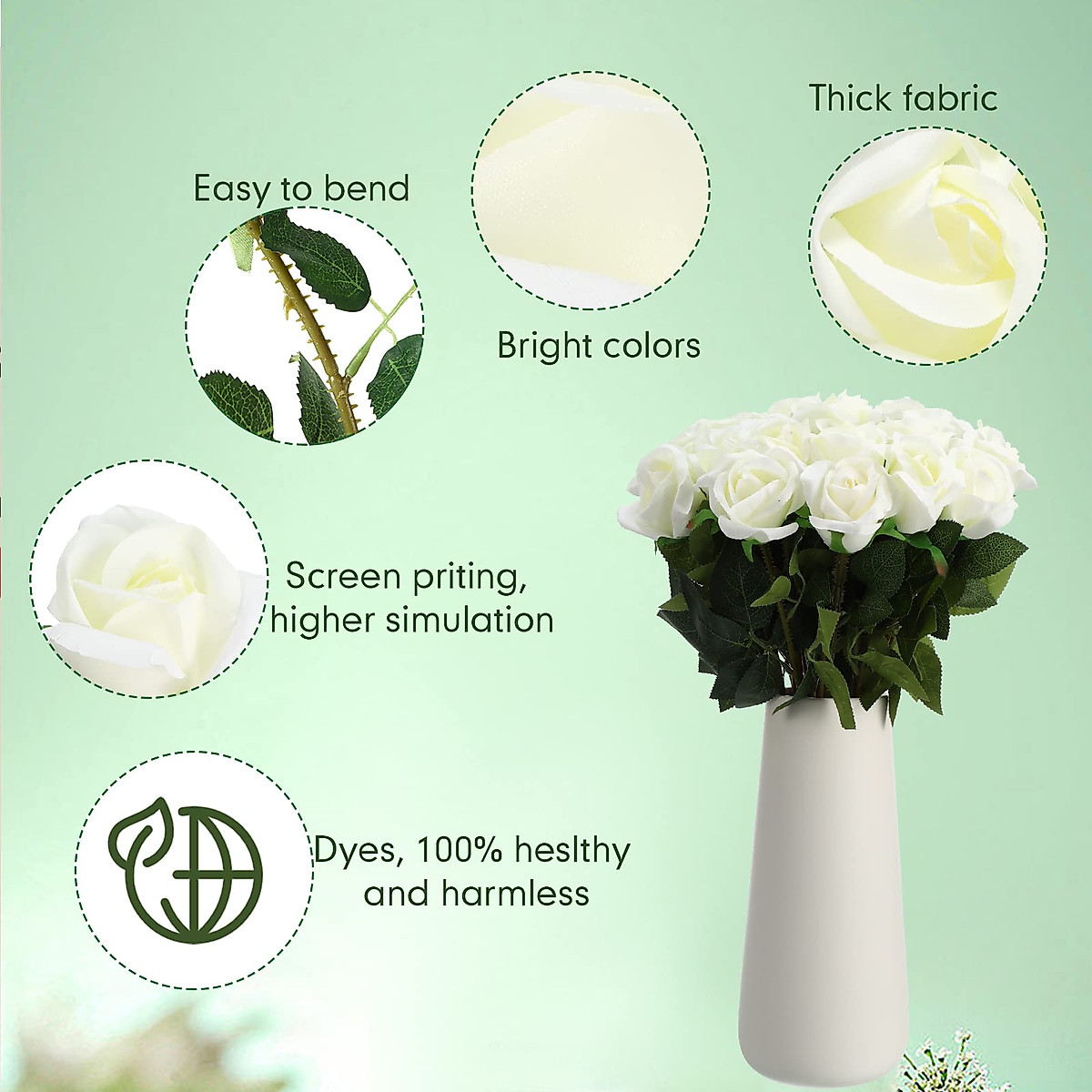 Hoteam 40 Pcs Artificial Roses Flowers Realistic Silk Roses Bouquet with Long Stem Roses Valentine‘s Day Fake Roses Bouquet for Wedding Centerpieces Bridal Shower Party Decor(White)