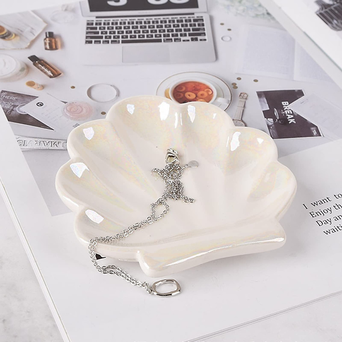 TIGERMILLION Shell Trinket Dish, Ceramic Ring Holder/Jewelry Tray, Cute Organizer Plate Vanity Decorations Accessories for Home Décor Bathroom