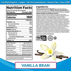 Orgain Organic Protein + Superfoods Powder, Vanilla Bean - 21g of Protein, Vegan, Plant Based, 5g of Fiber, No Dairy, Gluten, Soy or Added Sugar, Non-GMO, 2.02lb