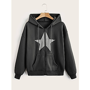 SOLY HUX Women's Zip Up Y2k Hoodies Jacket Star Print Graphic Drawstring Long Sleeve Sweatshirt Dark Grey Star S