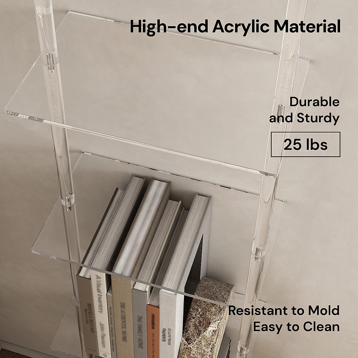 CRTERICX Small Acrylic Ladder Bookshelf, 9.5" D x 15.6" W, 5-Tier Clear Wall Mounted Book Shelf for Small Spaces, Multipurpose Bookcase for Living Room, Bathroom, Office, Modern, 73" H