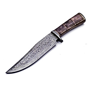 Nooraki BK-30 Handmade Damascus Steel Fixed Blade Bowie Knife with Leather Sheath, Multipurpose Knife with Camel Bone Brass Spicer Handle for Everyday Carry, Camping, Hunting, 12.5" Length