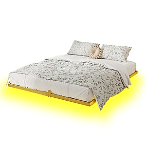 LUXOAK Full Size Floating Bed Frame with RGBW LED Light, Modern Metal Bed Frame with Steel Slat Support/Heavy Duty/No Box Spring Needed/Noise-Free, Gold
