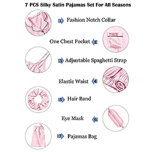 SWOMOG Womens Silk Satin Pajamas Sets 7pcs Sleepwear Sexy Cami Shorts Set and Button Down Short Sleeve Pj Loungewear Pink