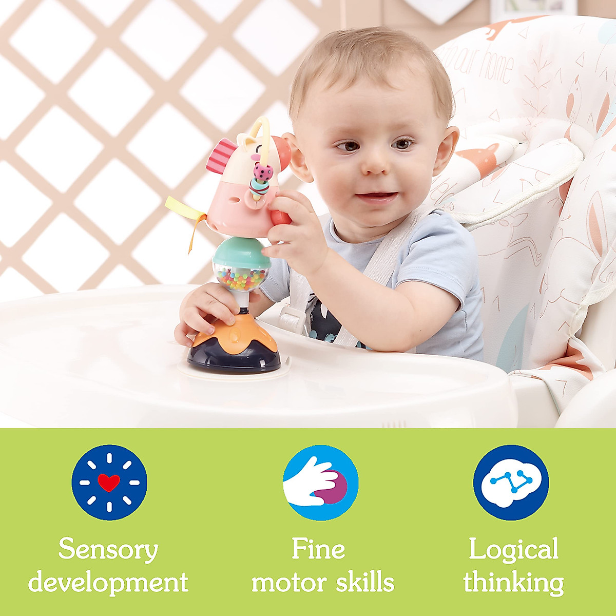 Hrewrva Baby High Chair Toy with Suction Cups,Baby Rattles Toy Set,Interactive Development Tray Toy,Infants Sensory Toy,Newborn Gift for 6, 9, 12, 18, 24 Months, 1 2 Year Olds, Boys Girls Kids