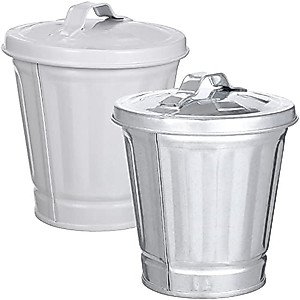 Alipis Metal Mini Trash Can Desktop Garbage Bins Makeup Brush Pencil Storage Box Tiny Wastebasket with lid for Home Office (Silver + White)