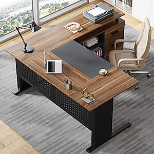 Tribesigns 63 Inch Executive Desk with File Cabinet, Large Office Desk L Shaped Computer Desk with Drawers and Storage Shelves, Business Furniture Desk Workstation for Home Office, Brown and Black