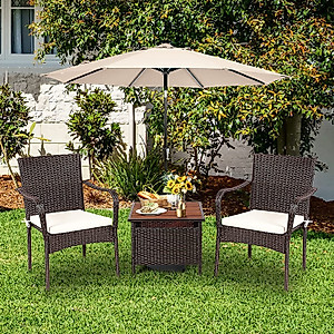 HAPPYGRILL 3-Piece Patio Bistro Set with Coffee Table & Umbrella Hole, Rattan Wicker Chairs Set with Umbrella Stand Table, Soft Cushions, Outdoor Furniture Set for Balcony Porch Poolside Garden