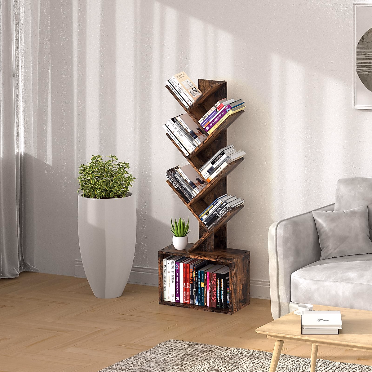 Art-GIFTREE Wood Tree Bookshelf 6 Tier, Sturdy Retro Floor Standing Bookcase, Storage Rack for Home Office, Bedroom, Living Room, Reading Spot, Heavy Book Organizer Shelves for CDs/DVDs/Movies