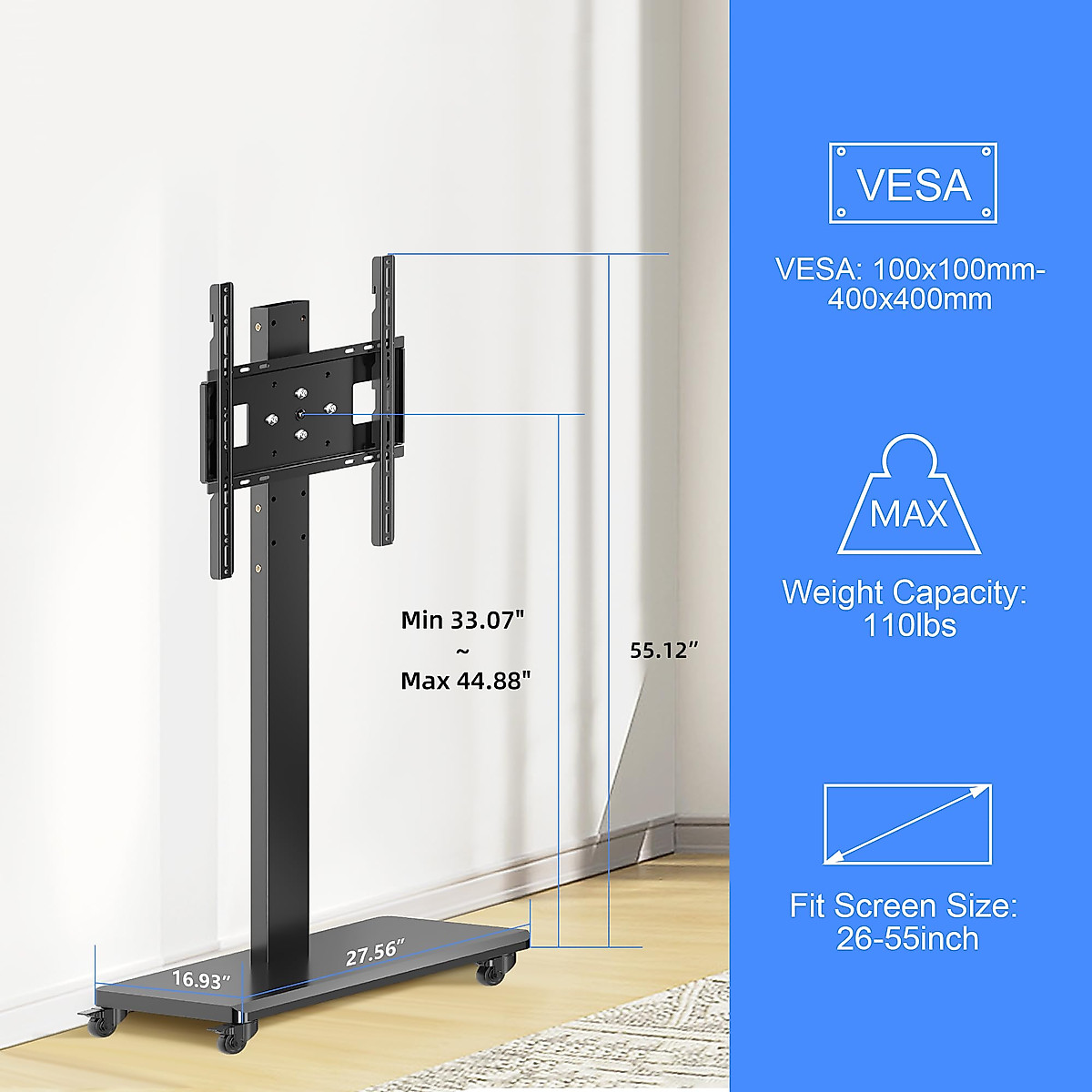 XINLEI Rotating Mobile TV Cart with Wheels Rolling TV Stand for 26-55" Flat Panel Screens TVs, Portrait to Landscape, Height Adjustable Floor Stand Base Max VESA 400x400mm