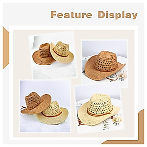 Generic Straw Cowboy Hat Wide Brim Sun Hat Cowgirl Summer Western Cowboy Hat for Holiday Party Men Women Travel Outdoor Family Sun Hat with Sunglasses Khaki
