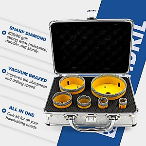 HIGHDRIL Diamond Drill bits kit with 5/8-11 for Porcelain Tile Ceramic Marble Brick Concrete Vacuum Brazed Hole Saw(20/25/35/50/75/100mm)