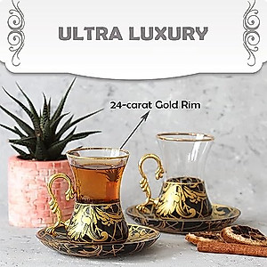 Vissmarta Gold Vintage Turkish Tea Glasses Cups and Saucers Set of 6 Drinking Glassware Party Adults Fancy Serving Coffee Tray Drinks Kettle Women Christmas Gift Teacup Handle Moroccan Drinkware Rim