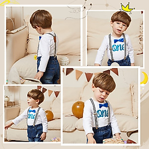 Pinleck Toddler Baby Boy Birthday Clothes Set Bowtie Romper Suspenders Ripped Denim Pants Outfits (1st Birthday-Blue-1Long, 6-12 Months)
