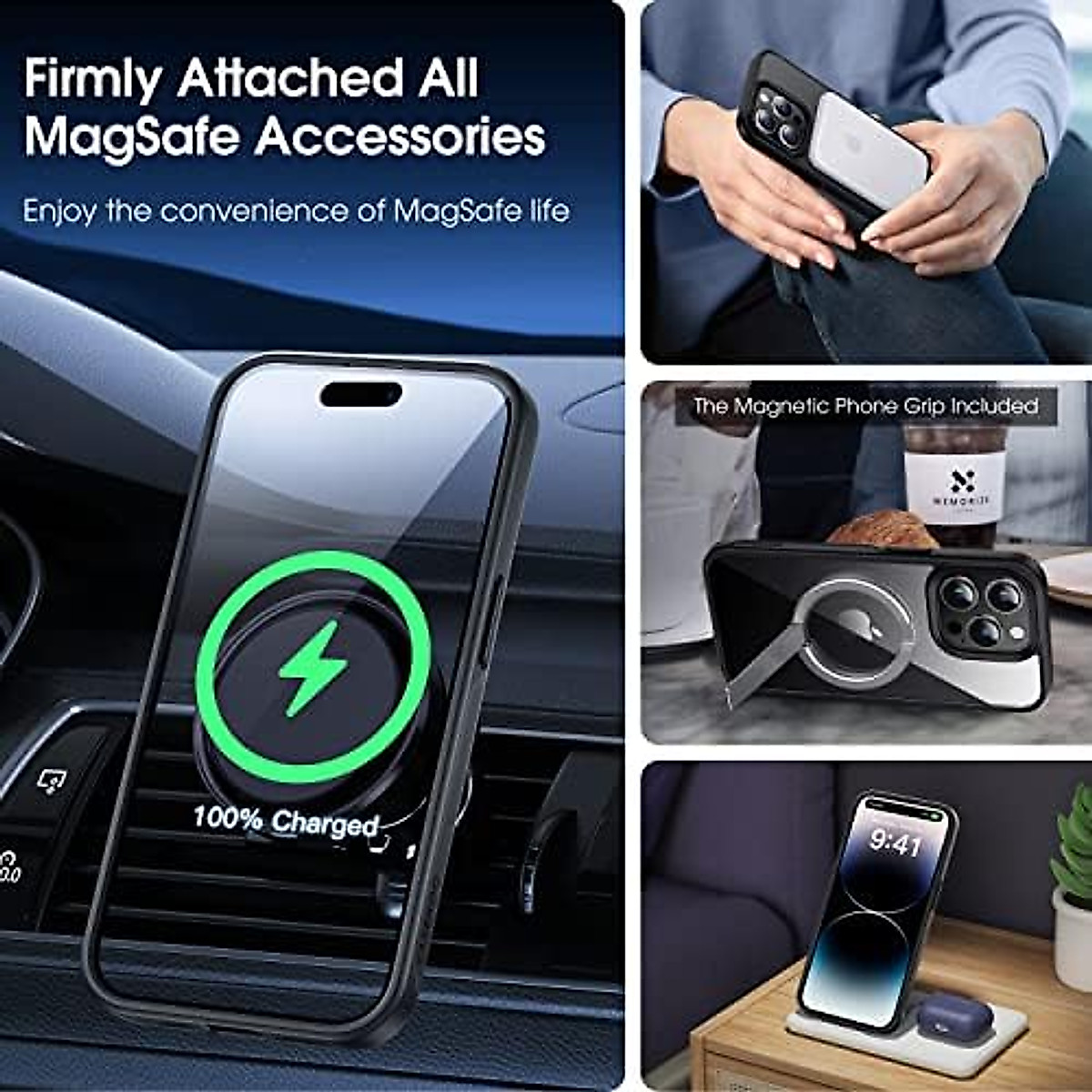 CASEKOO Clear Hybrid for iPhone 14 Pro Max Case (2024 Upgraded), Ultra Strong Magnetic Force, 10FT Milirary Drop Protection, with 360° Rotating Magnetic Stand, Transparent Slim 6.7 inch, Clear Black