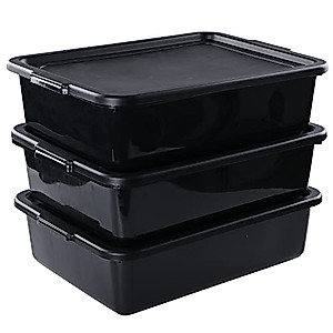 Ucake 3-Pack Plastic Bus Box with Lid, Commercial Bus Tubs, 13 L, Black