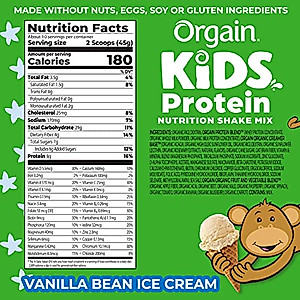 Orgain Kids Protein Powder Shake Mix, Vanilla Bean Ice Cream - 8g Grass-Fed Dairy Protein, 4g Fiber, 22 Vitamins & Minerals, Gluten Free, No Soy Ingredients, Adds Healthy Nutrients to Kids Snacks, 1lb