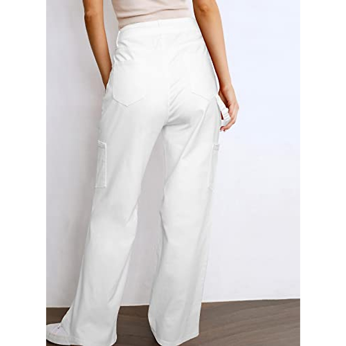 Dokotoo Womens Pants Lounge High Waisted Baggy Wide Leg Work Pants for Women Casual Combat Military Trouser Parachute Pants White