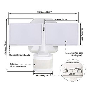 EMANER Dusk-to-Dawn Security Lights with Motion Sensor, 5000K Daylight White, IP65 Waterproof Outdoor, 110V 120V Dual-Head Rotatable LED Flood Light for Porch, Garage, Yard, Driveway