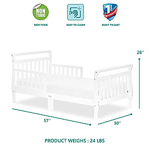 Dream On Me Classic Sleigh Toddler Bed in White, JPMA Certified, Comes with Safety Rails, Non-Toxic Finishes, Low to Floor Design, Wooden Nursery Furniture
