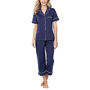 PajamaGram Capri Pajamas for Women - Cotton PJs Women, Polka Dot, Navy, L, 14-16