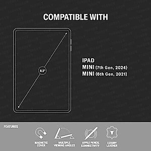 TORRO Smart Folio Compatible with iPad Mini 7/6 - Leather iPad Mini 7th / 6th Generation (2024/2021) Smart Case Magnetic Cover with Auto Wake/Sleep and Stand Function (Black)