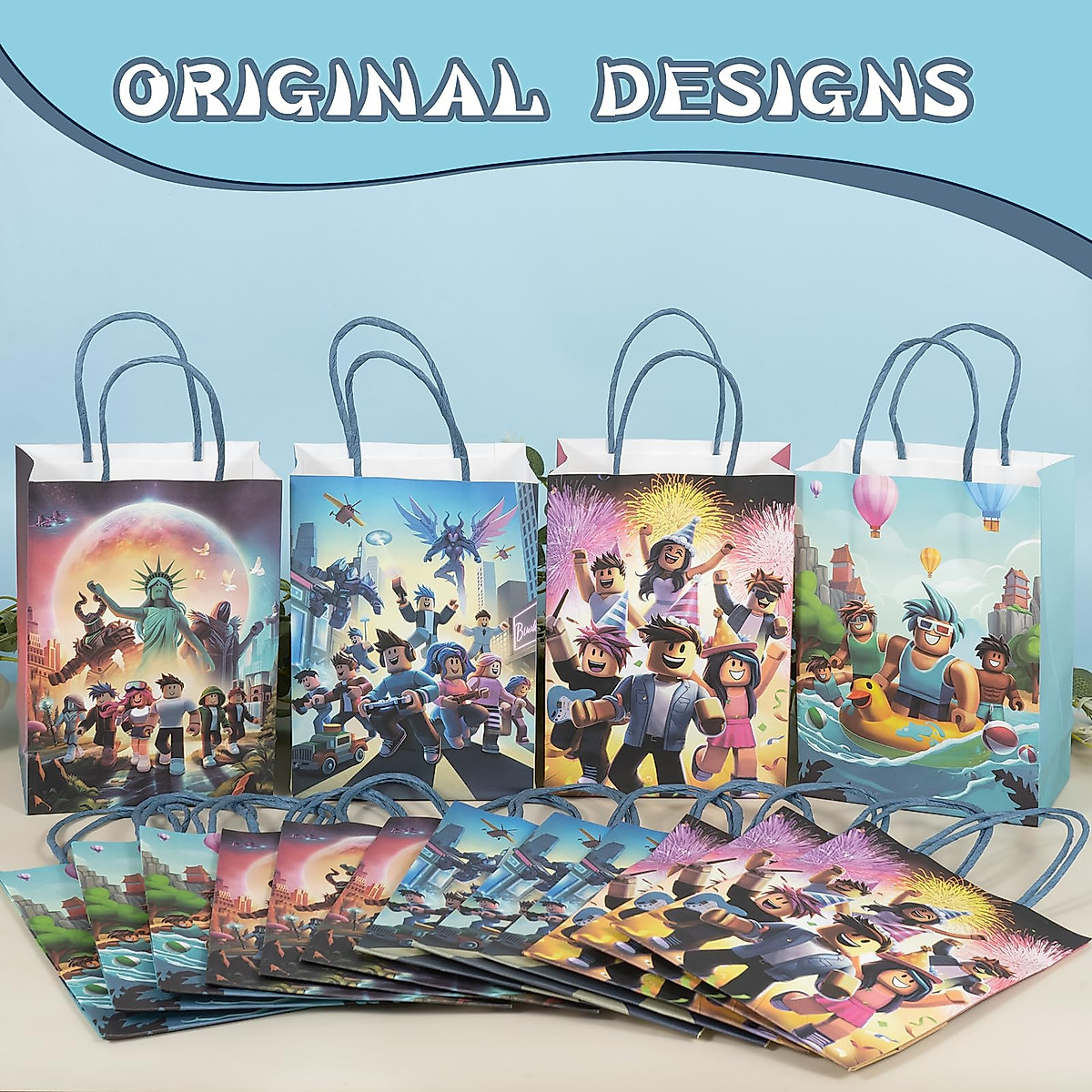 Kauai Sun 16PCS Game Theme Party Gift Bags, Four Unique Designs Goodie Bags for Boys Girls Kids Gaming Party Favors Supplies Candy Treat Loot Exchange Gifting Goodies, Sturdy Extra Thick with Handle