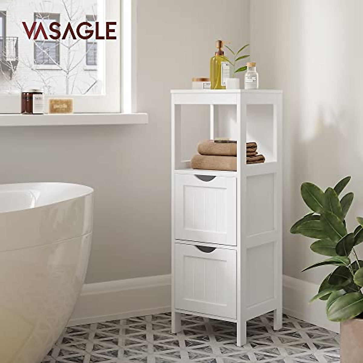 VASAGLE Bathroom Floor Cabinet, Bathroom Storage Organizer Rack Stand, Multifunctional Corner Unit, 2 Drawers, White UBBC42WT