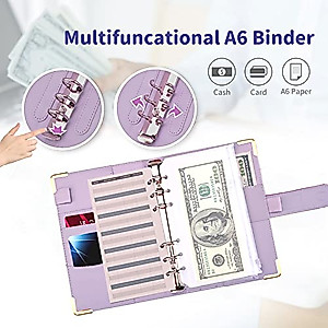 Budget Binder, A6 Marble PU Leather Binder, 6 Ring Budget Planner Organizer with 8 Zipper Cash Envelopes, 12 Expense Budget Sheets, 2 Letter Label Sticker for Budgeting, Saving Money (Purple)