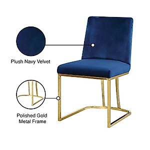 Meridian Furniture Heidi Collection Modern | Contemporary Velvet Upholstered Dining Chair with Polished Gold Metal Frame, Set of 2, 19" W x 23" D x 32" H, Navy