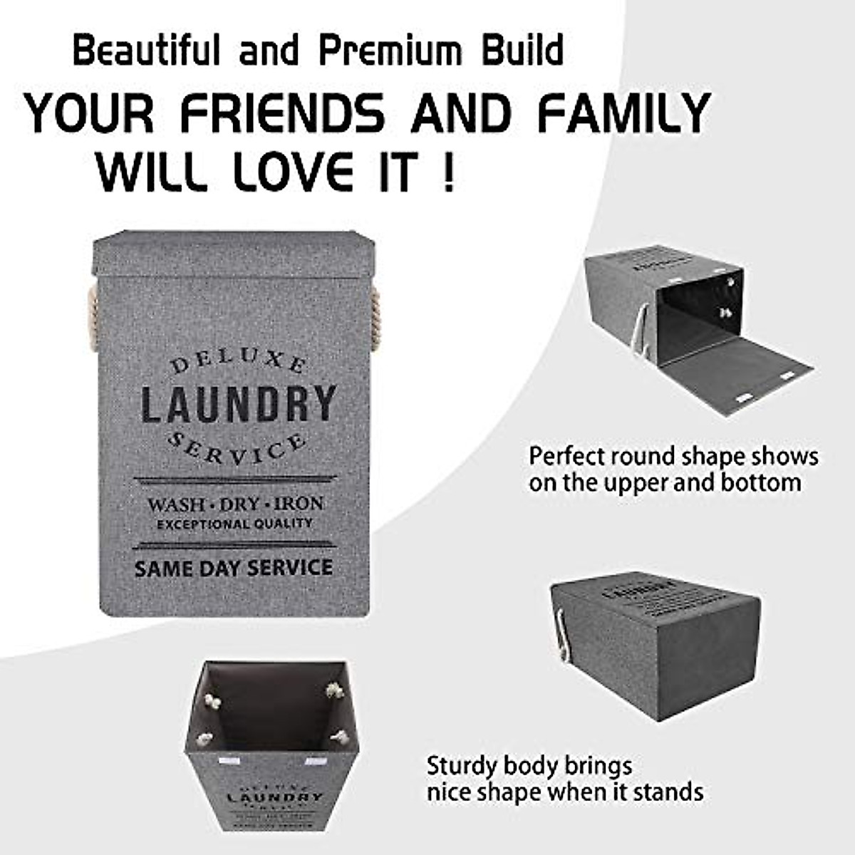 U Trip Laundry Basket with Lid, 85L Large Deluxe Laundry Baskets - Collapsible Foldable Laundry Hamper Canvas Storage Basket Bin for Clothes Washing Bedroom Organizer Toy Collection (Grey)