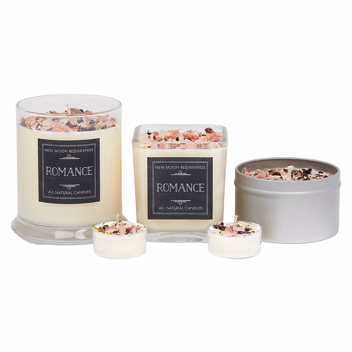 Romance Candle by New Moon Beginnings - Love Ritual Candles - Dried Flower, Herb, & Crystal Candles - Aromatherapy Candles - Soy Candle - 8oz Tin