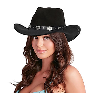 Black Cowboy Cowgirl Hat for Women Men Western Style Wide Brim Felt Fedora Panama Hat with Detachable Belt Buckle