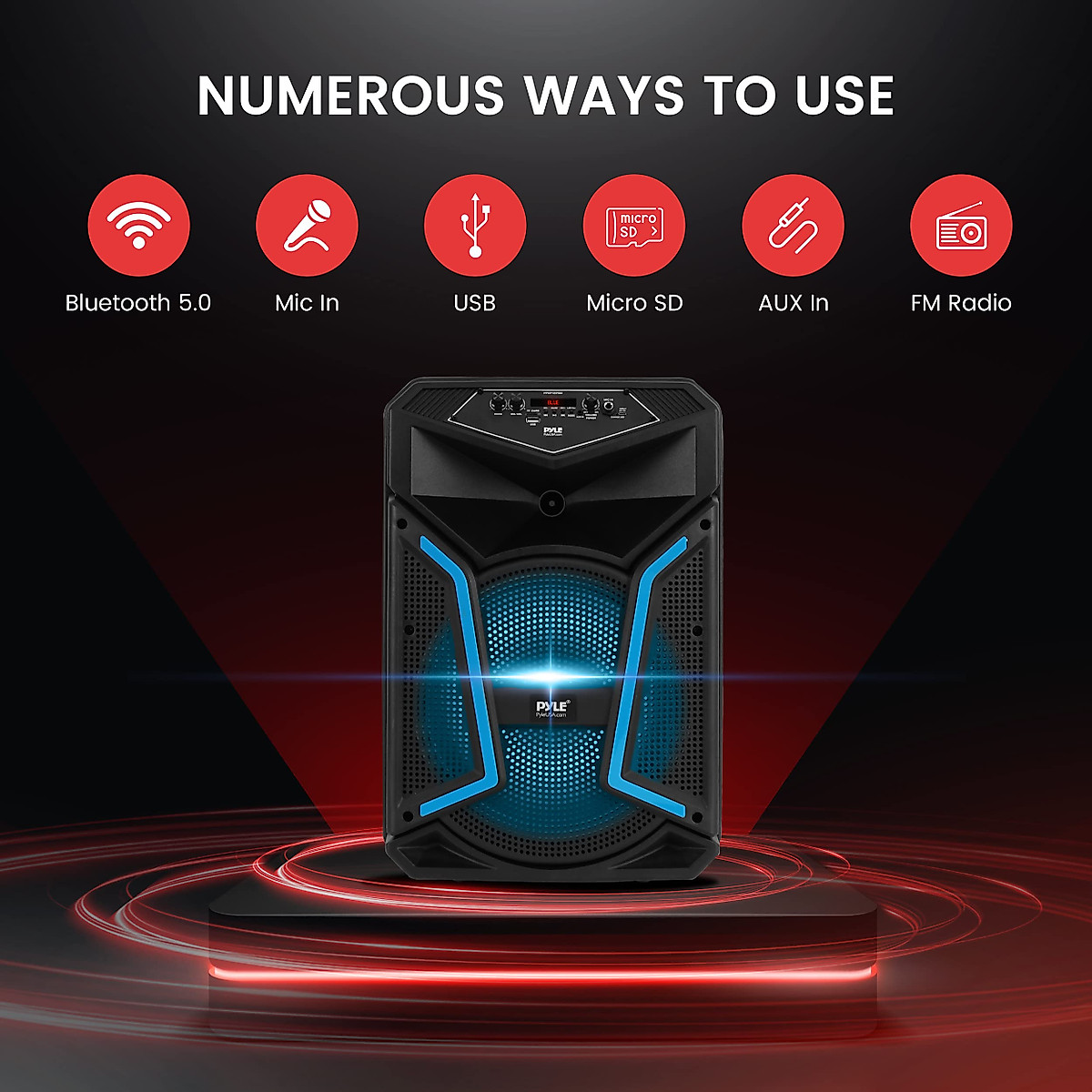 Pyle Portable Bluetooth PA Speaker System - 800W Outdoor Bluetooth Speaker Portable PA System w/ Microphone In, Party Lights, MP3/USB, FM Radio, Rolling Wheels - Mic, Remote - Pyle PPHP122SM,Black