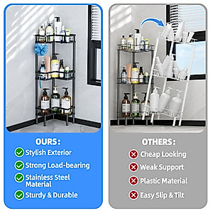 Kufutee Standing Shower Caddy Corner, 3 Tier Stainless Steel Shower Organizer Stand with Sturdy Metal Plate, Rustproof Bathroom Corner Shelf Floor Shower Stand