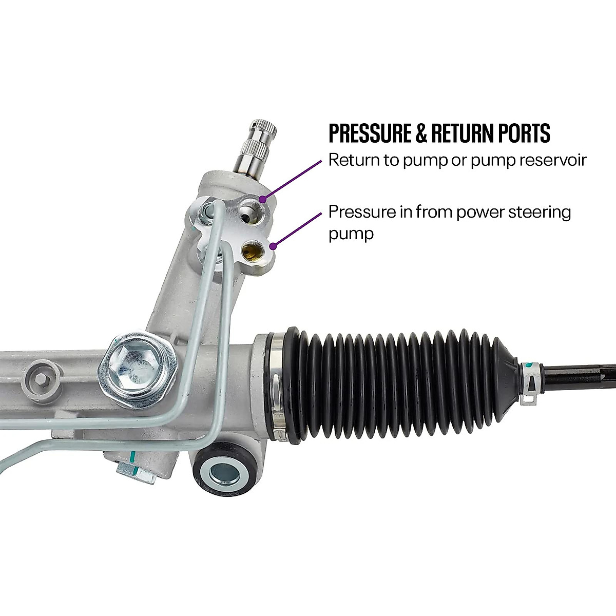 Mustang II Power Steering Rack & Pinion w/Offset Bushings, 82-88 T-bird Design, AN-6 Fittings, 3/4"-36 Spline Input, Compatible with Original & Aftermarket Crossmembers, 15:1 Ratio