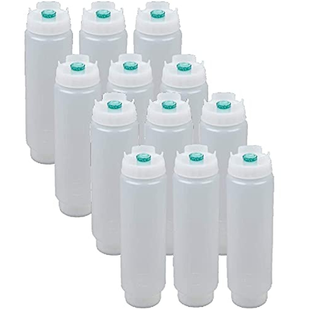 FIFO Squeeze Bottle Refillable 16 oz | Green Tip Small Valve Dispenser for Thin Condiments, Sauces, Batter and Dressing | Self Sealing No Drip No Hassle | (12 Pack)