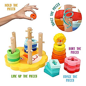 Boxiki kids 27 PCS Montessori Toys for 1 to 3 Year Old Boys Girls Toddlers, Wooden Shape Sorter & Stacking Toys, Color Recognition Stacker, Baby Puzzles Gift