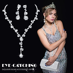 Meanplan 4 Pcs Silver Clutch Purse Jewelry Set for Women Evening Rhinestone Purse Silver Accessories for Women Bride Wedding Jewelry (Elegant Style)