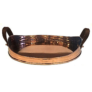 ZUCCOR Large Copper Plated Stainless Steel Serving Tray With Comfortable Faux Leather Handle | Ornate Decorative Tray | Serving Meals, Appetizers & Beverages | Kitchen Countertop - 17" x 13" x 3.5"