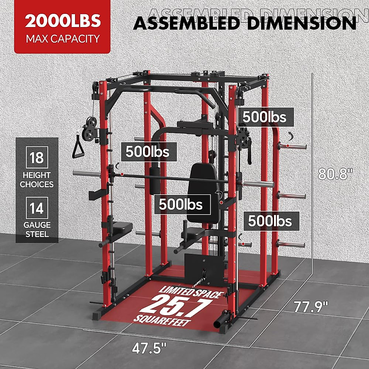 SPART Multi-Functional Power Cage, Power Rack Smith Machine with LAT Pulldown, PEC Fly, Cable Crossover, Landmine, Squat Rack with Full Body Training Attachments, Strengh Workout Machine for Home Gym