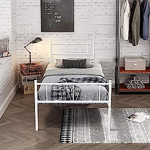 Twin Bed Frames White with Storage for Girls Boys Adults, No Box Spring Needed Single Platform Bed Duty Metal Slats Support Mattress Foundation with Headboard