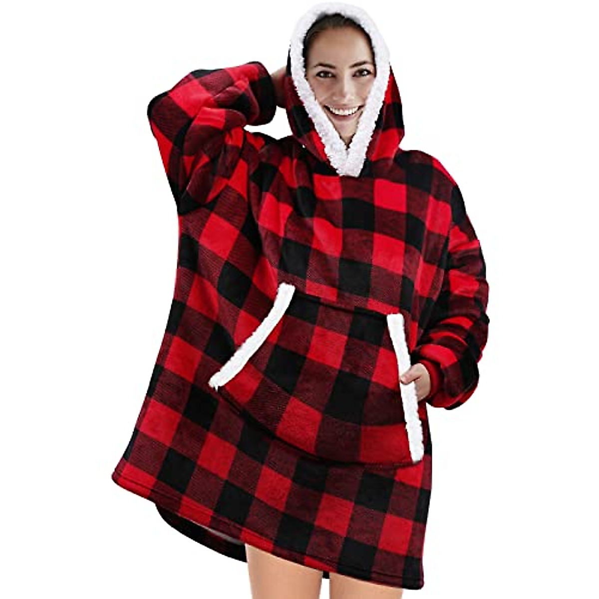 Oversized Wearable Blanket Hoodie, Sherpa Fleece Hoodie Blanket Sweatshirt with Pockets for Adult Women Men,One Size Fits All