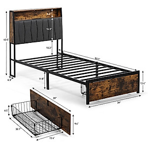 COMHOMA Twin Size Bed Frame, Platform Bed Frame with 2 Storage Drawers, Power Outlets, 2-Tier Storage Headboard and LED, Strong Support, No Box Spring Needed