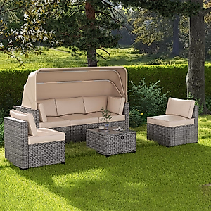 olimix 6 Rattan Pieces Patio Furniture Sets, Outdoor Daybed with Retractable Canopy, Outdoor Sectional Sofa Set with Adjustable Backrest, Chaise Chair Sunbed for Garden Patio Backyard（Grey）