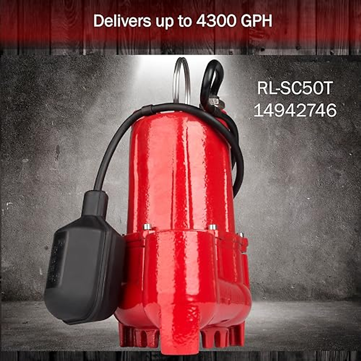 Red Lion RL-SC50T 115-Volt, 1/2 HP, 4300 GPH Cast Iron Sump Pump with Tethered Float Switch, 10-Ft. Cord, Red, 14942746