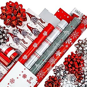 Reversible Wrapping Paper Christmas Bundle with Bows, Ribbon, and Gift Tags (4 Rolls with 29 Coordinated Bows, 2 Spools of Ribbons, and 24 Gift Tags)