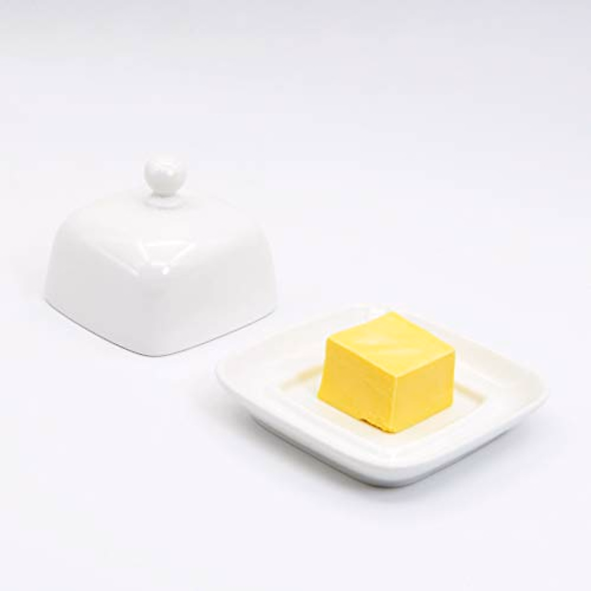 NAGU Mini Square Butter Dish with Lid, White Procelain Domed Cheese Dish with Handle Individual Serving Small Butter Tray, Cute Ceramic Dessert Serving Bowl for Table, Countertop, Refrigerator