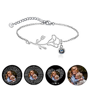 SLIACETE Birth Flower Projection Bracelet Personalized Photo 925 Sterling Silver Custom Picture 100 Languages Jewelry Memorial Gifts For Women Wife Mom